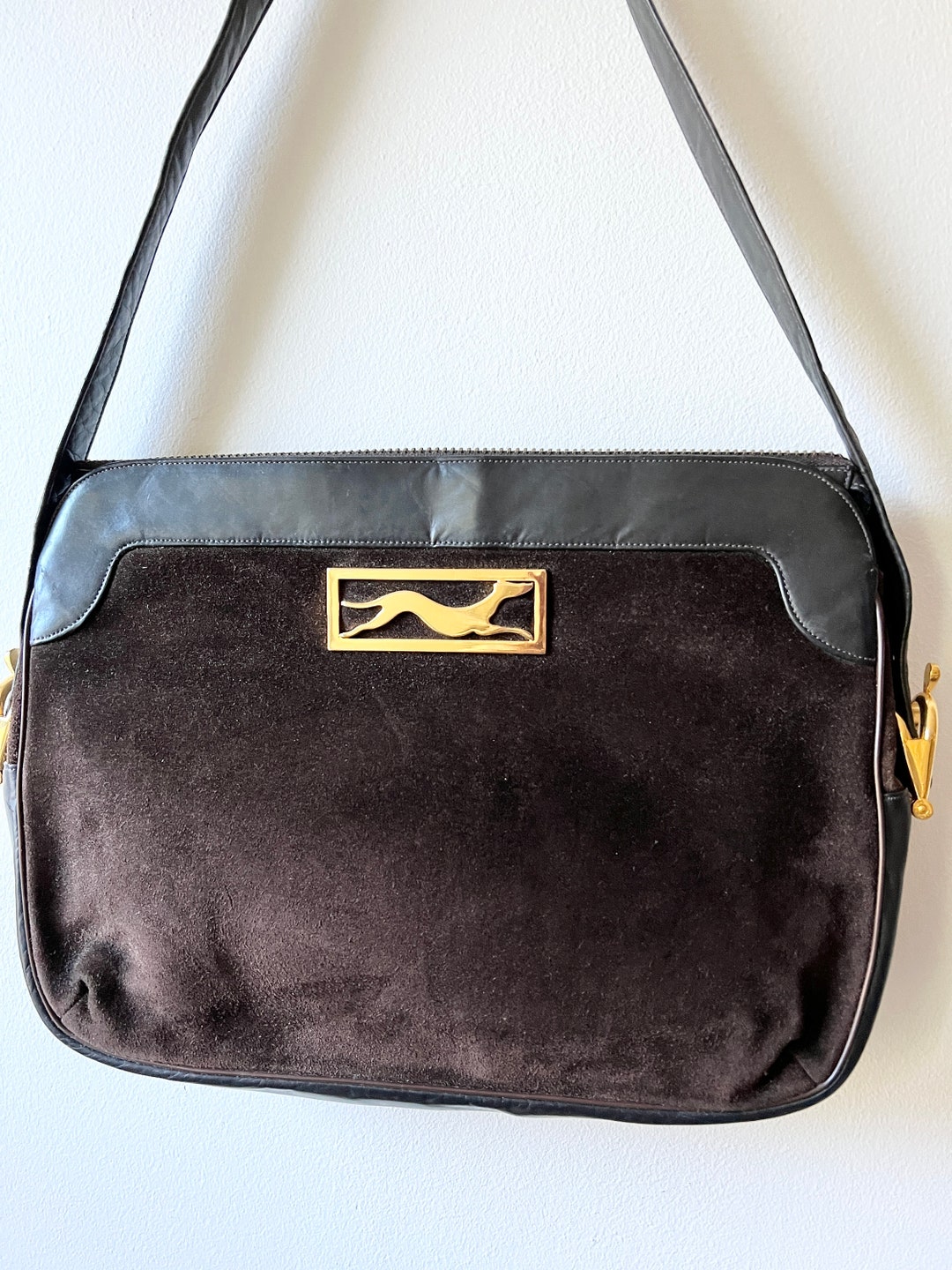 Vintage 70s Rare Susan Gail Brown Suede Shoulder Bag Gold Greyhound ...