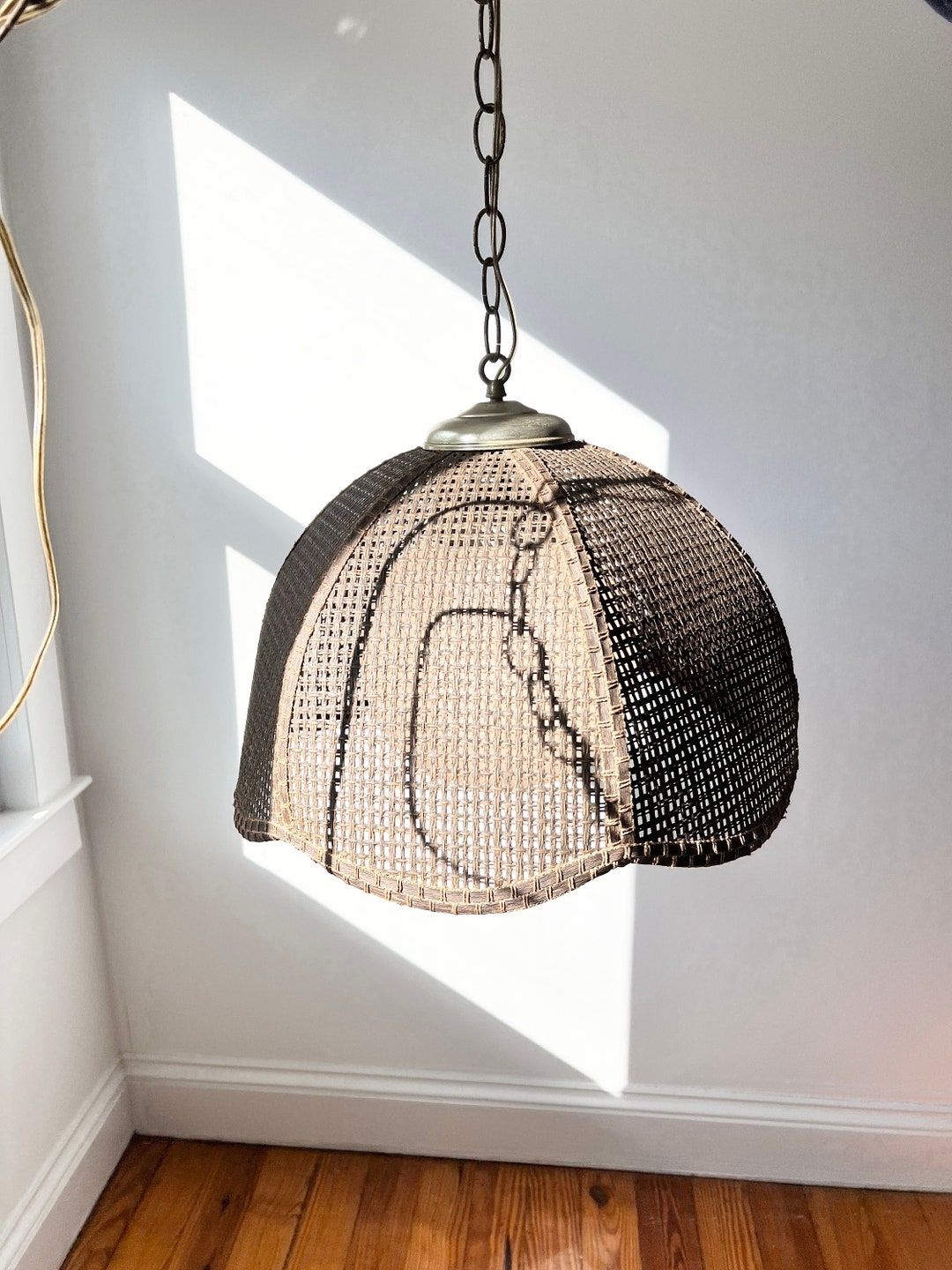 Vintage 70s MCM Brown Rattan Shade Hanging Swag Lamp Tulip - Etsy