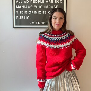 Vintage Red Fair Isle Sweater Size Medium, Bright Hand Knit Pullover ...