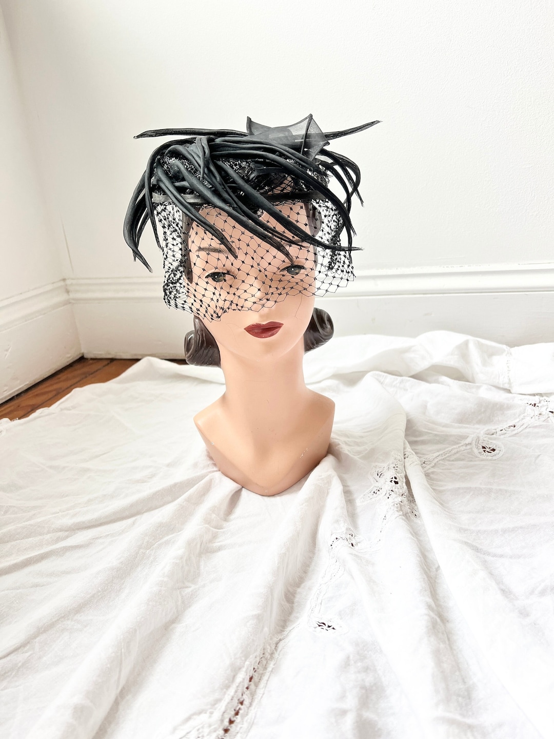 1940s Black Veil Lace Pillbox Hat, Lace Pillbox Hat With Netting, Avant ...
