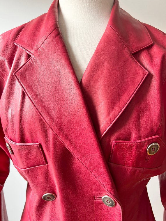 Vintage cherry red leather jacket blazer, double brea… - Gem