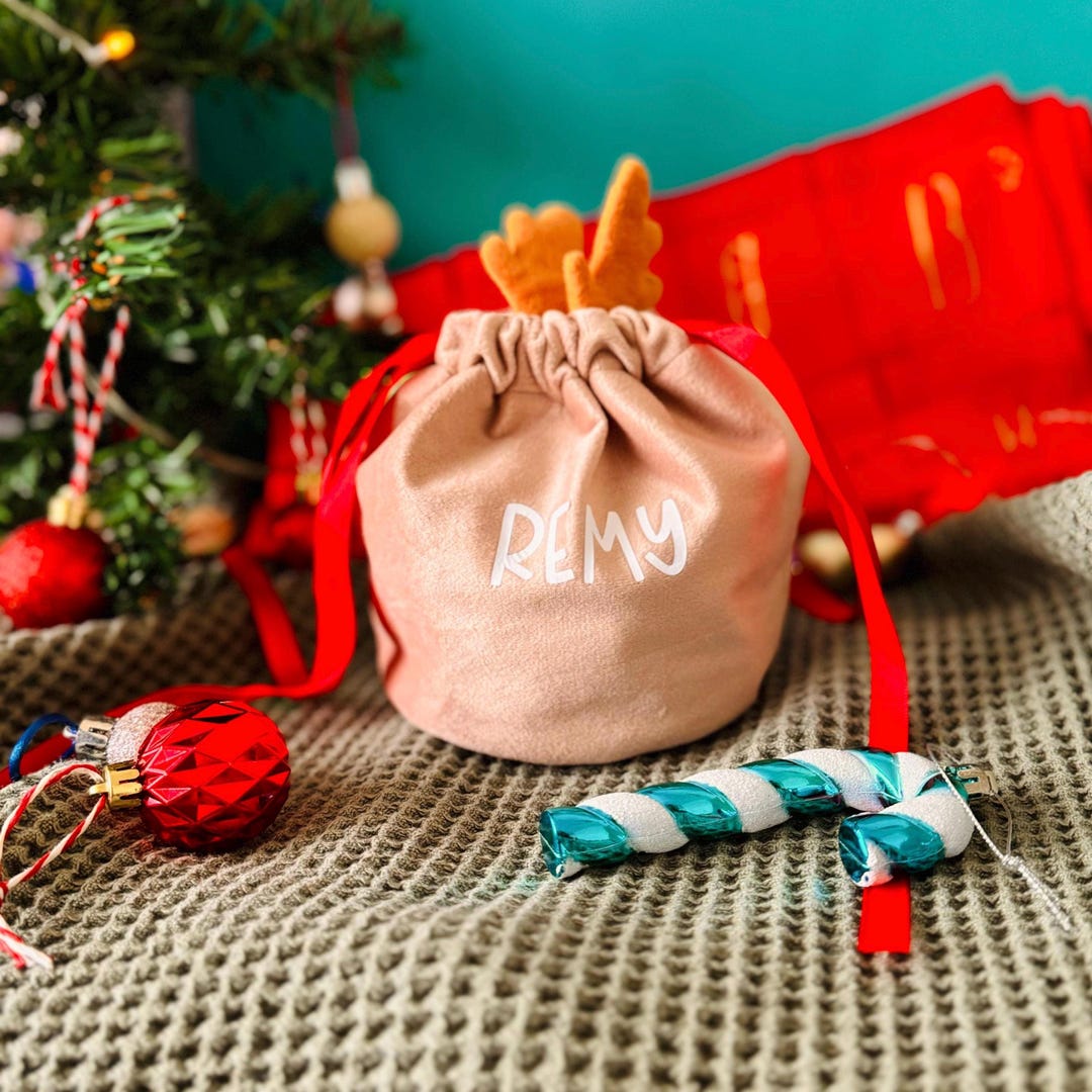 Personalised Christmas Pouch, Custom Velvet Reindeer Pouch, Christmas ...