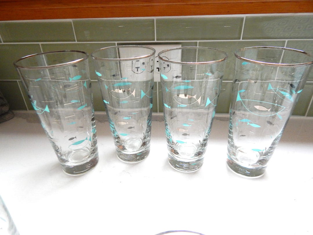 Vintage Libbey Mediterranean Atomic Fish Bar Ware Large Tumbler Glasses ...