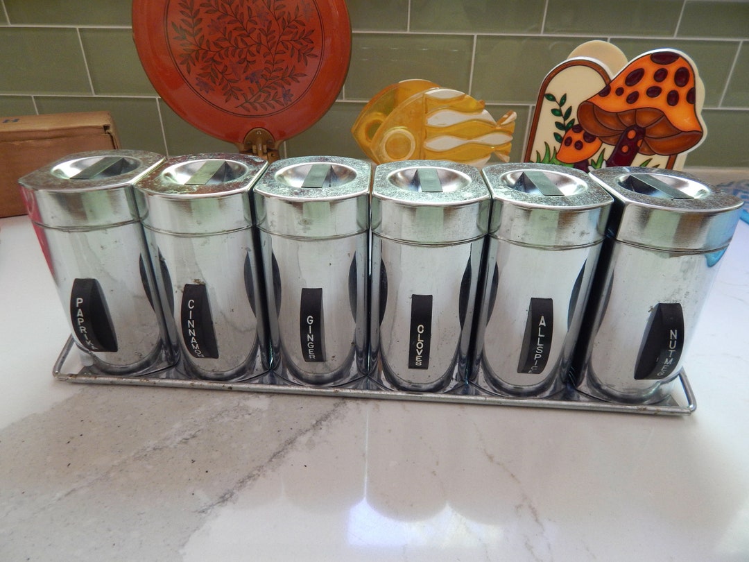 Vintage KROMEX Chrome Spice Can Collection Vintage Curved Kromex Spices ...