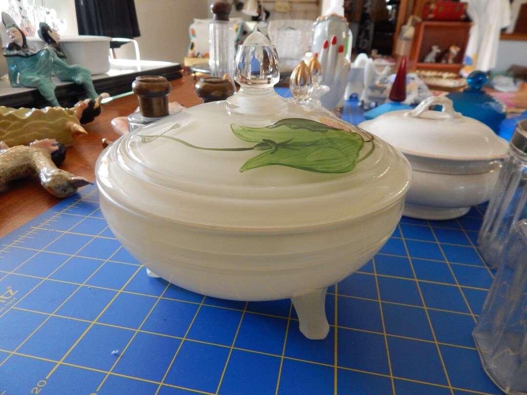 Beautiful Reverse Painted Three Footed Dresser Jar, Powder Jar, Soap ...