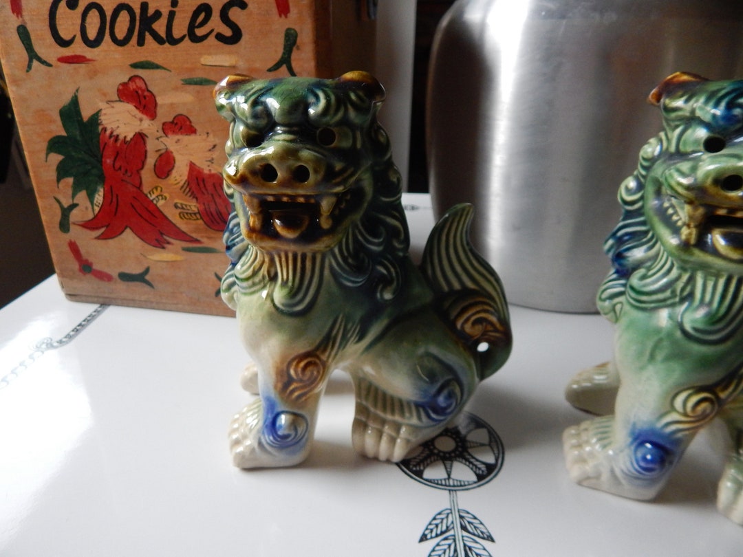 Vintage Chinese Single Foo Dog Green and Gold Foo Dog Open Mouth Foo ...