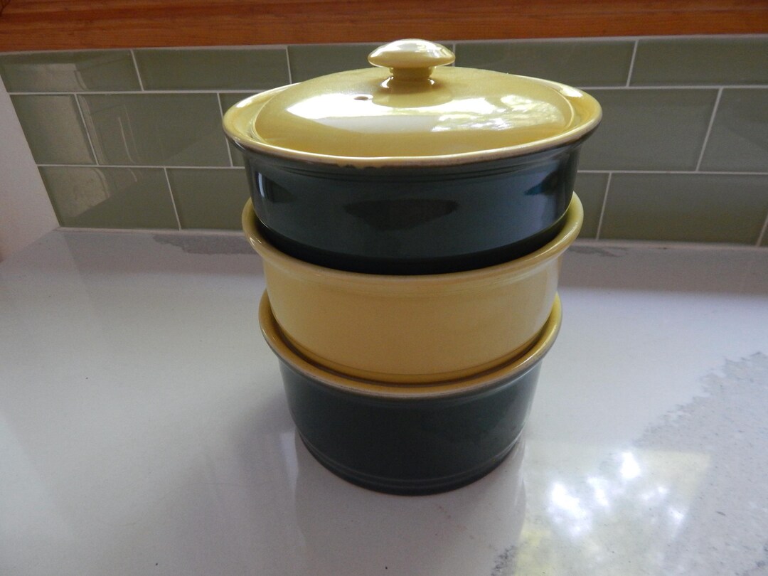 Incredibly RARE Hall China Dark Green and Yellow Stacking Canister Set ...