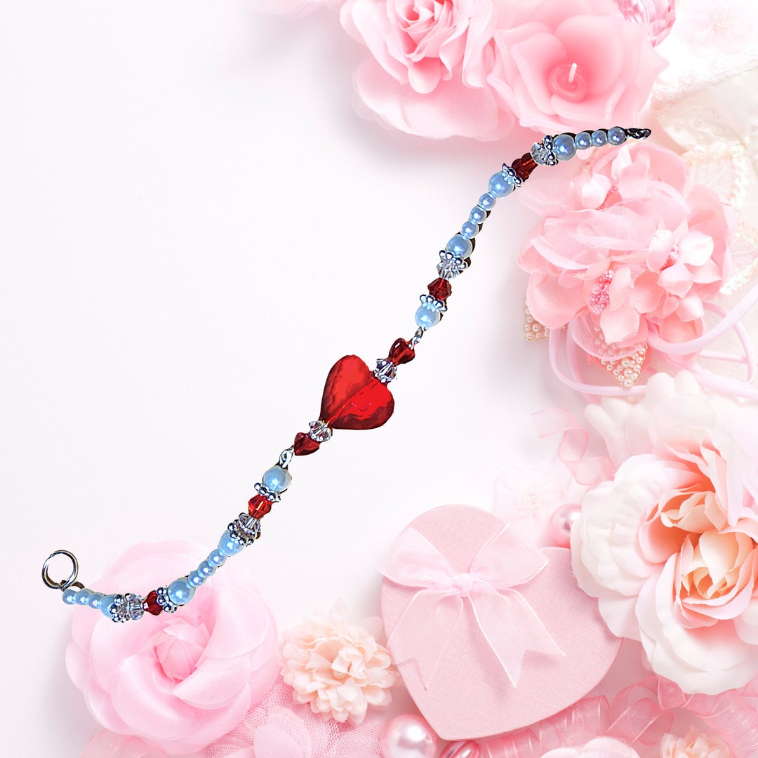 Red Heart Bracelet - Red Crystal Bracelet - Pearl Bracelet - Heart ...