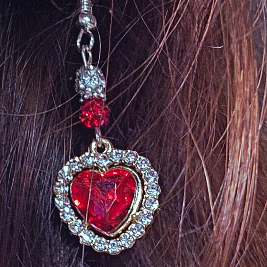 Red Heart Earrings Silver Rhinestone Earrings Crystal Heart Jewelry ...
