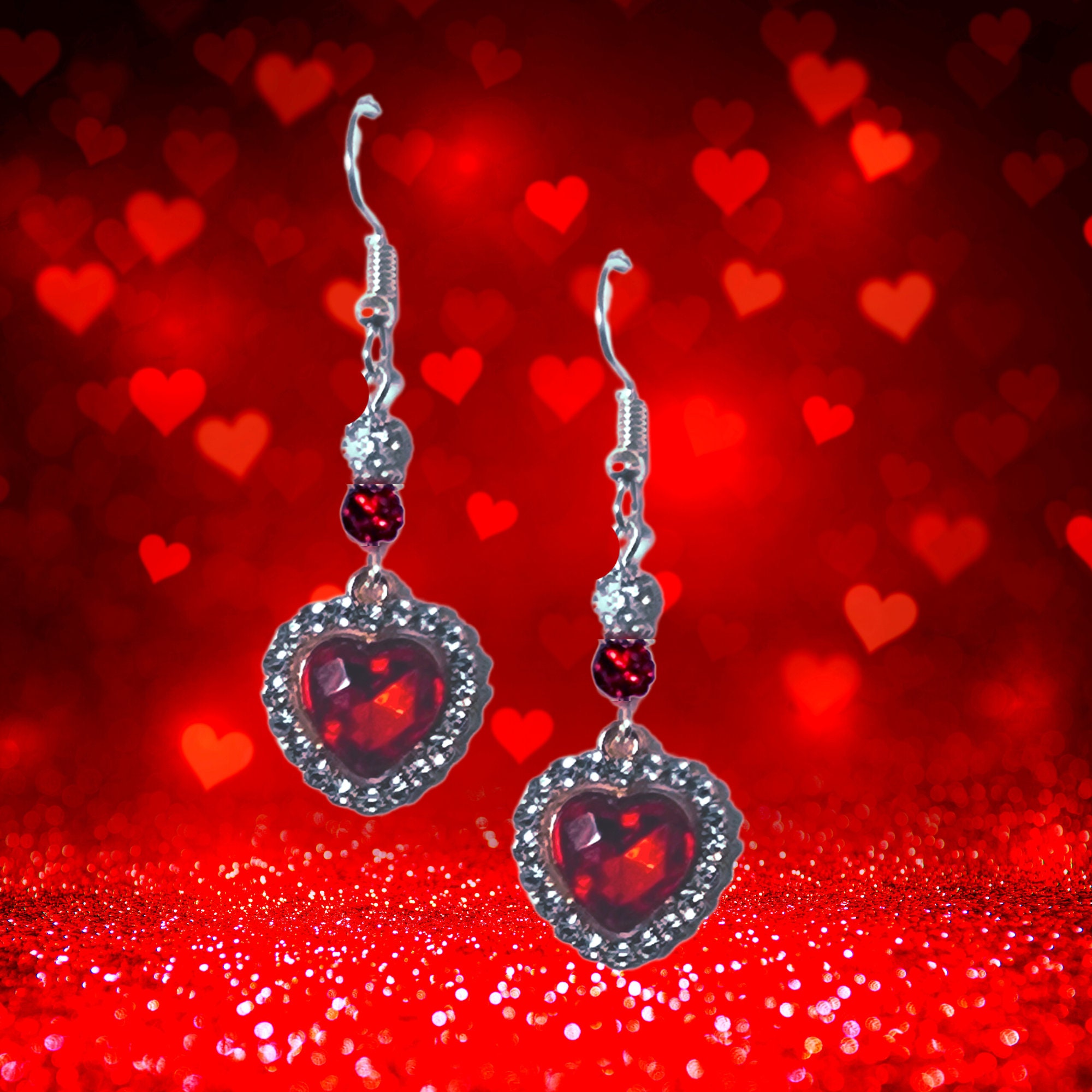 Red Heart Earrings Silver Rhinestone Earrings Crystal Heart Jewelry ...