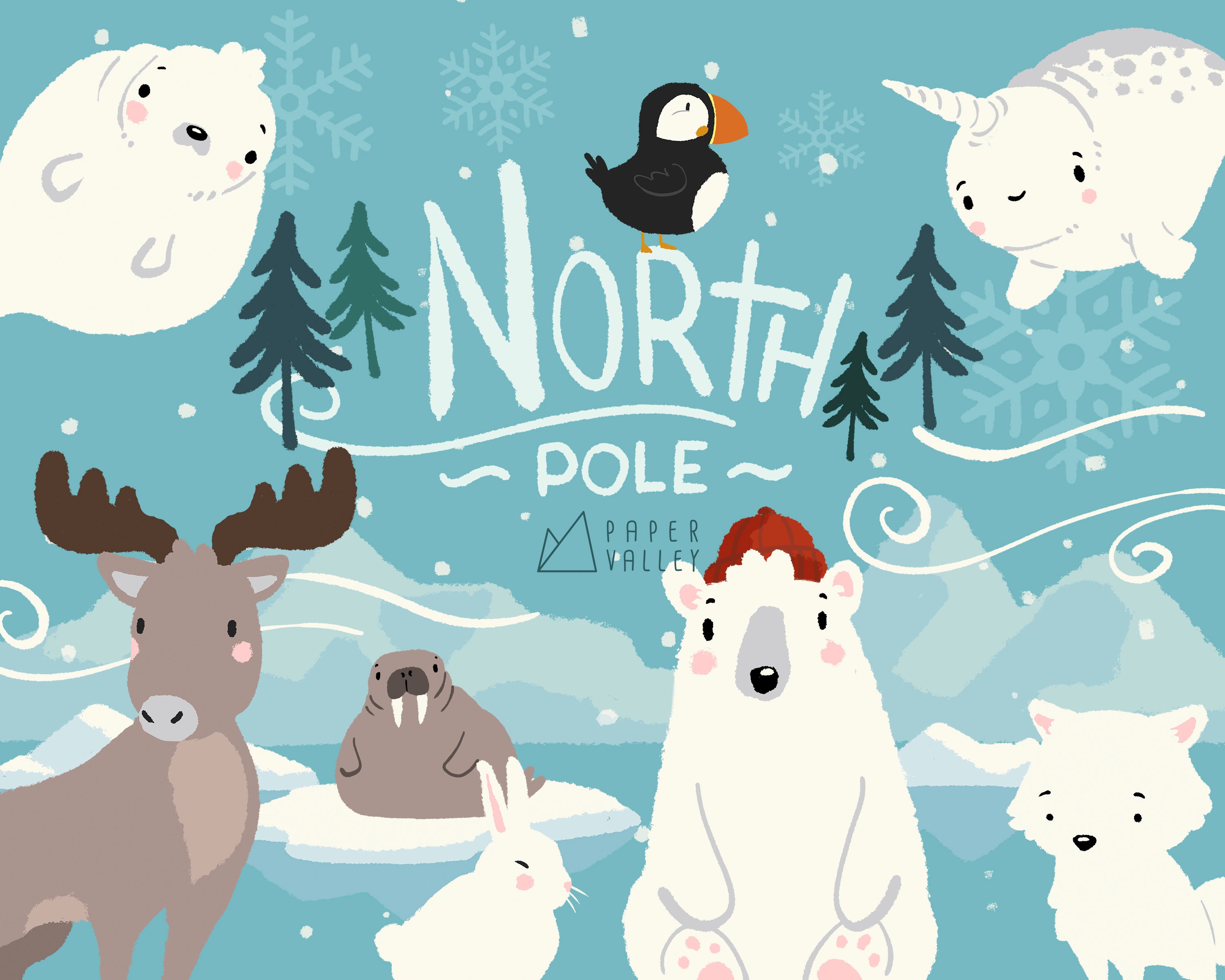 North Pole Animals Clipart, Cute Illustration, Decor, Printable Wall ...
