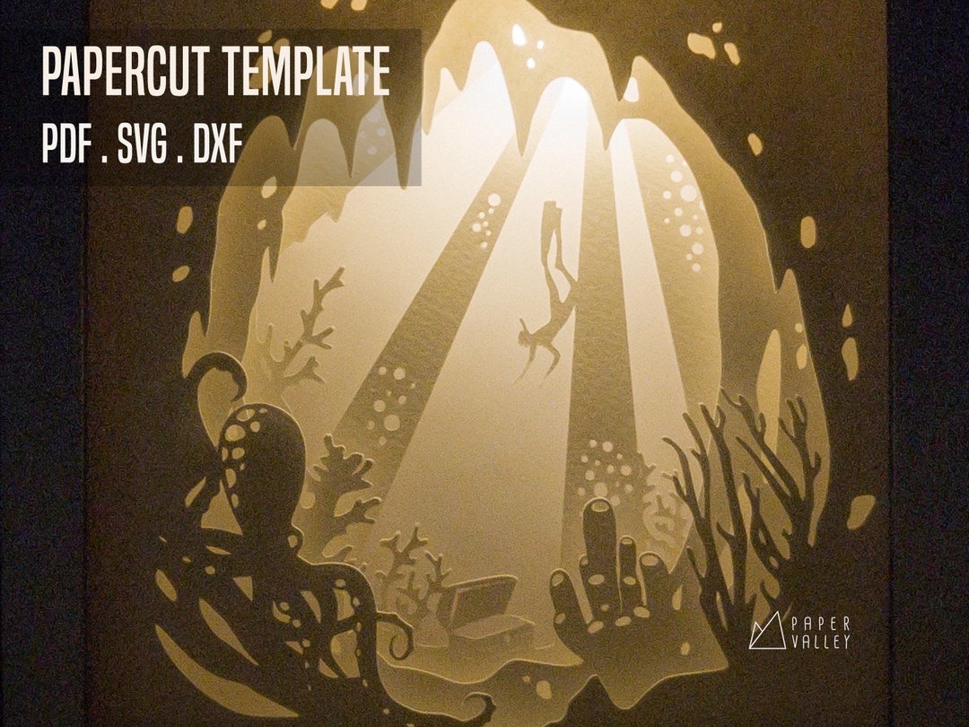 Diver Papercut Template Underwater Shadowbox Ocean Diy Lightbox SVG PDF ...