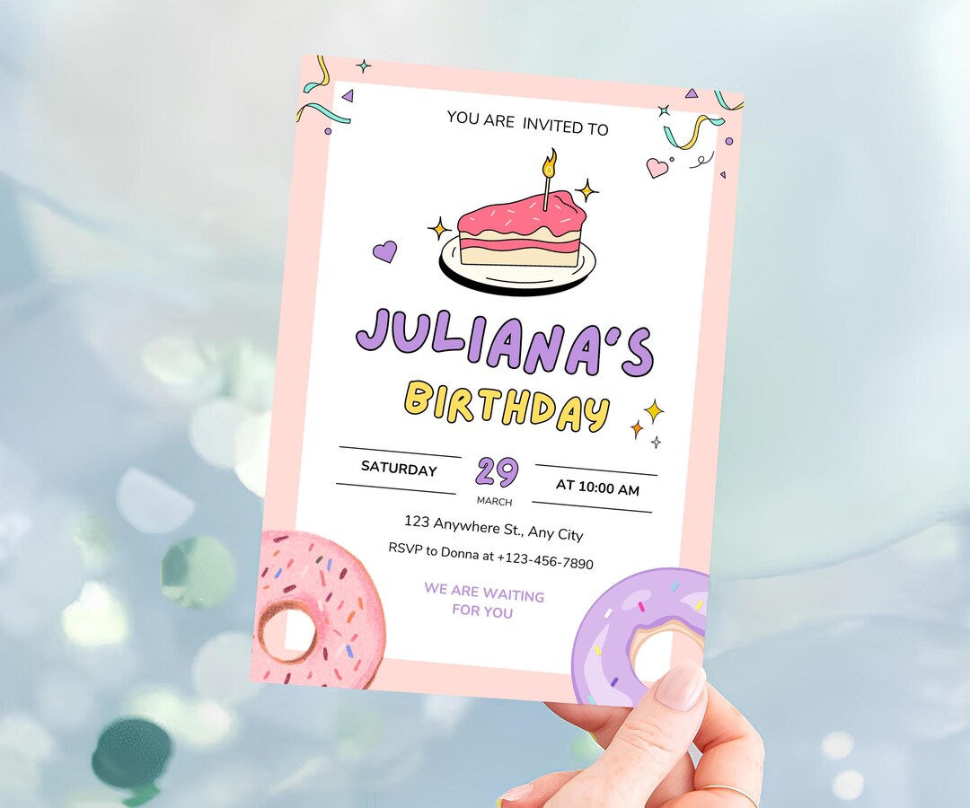 Editable Donuts & Cake Kids Birthday Invite Card, Editable Birthday ...