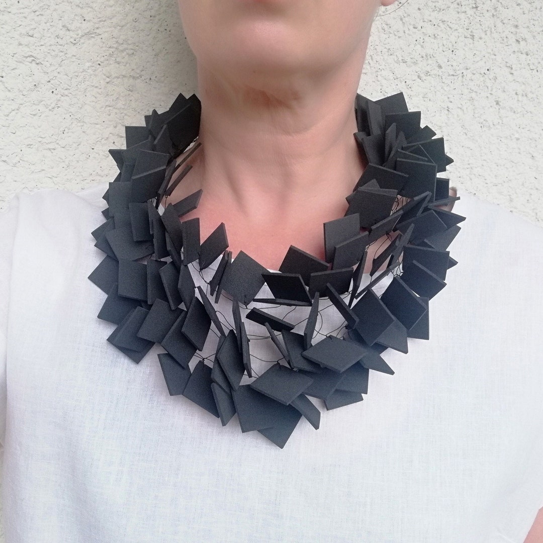 Black Geometric Foam Bib Necklace: Handmade Statement Jewelry - Etsy