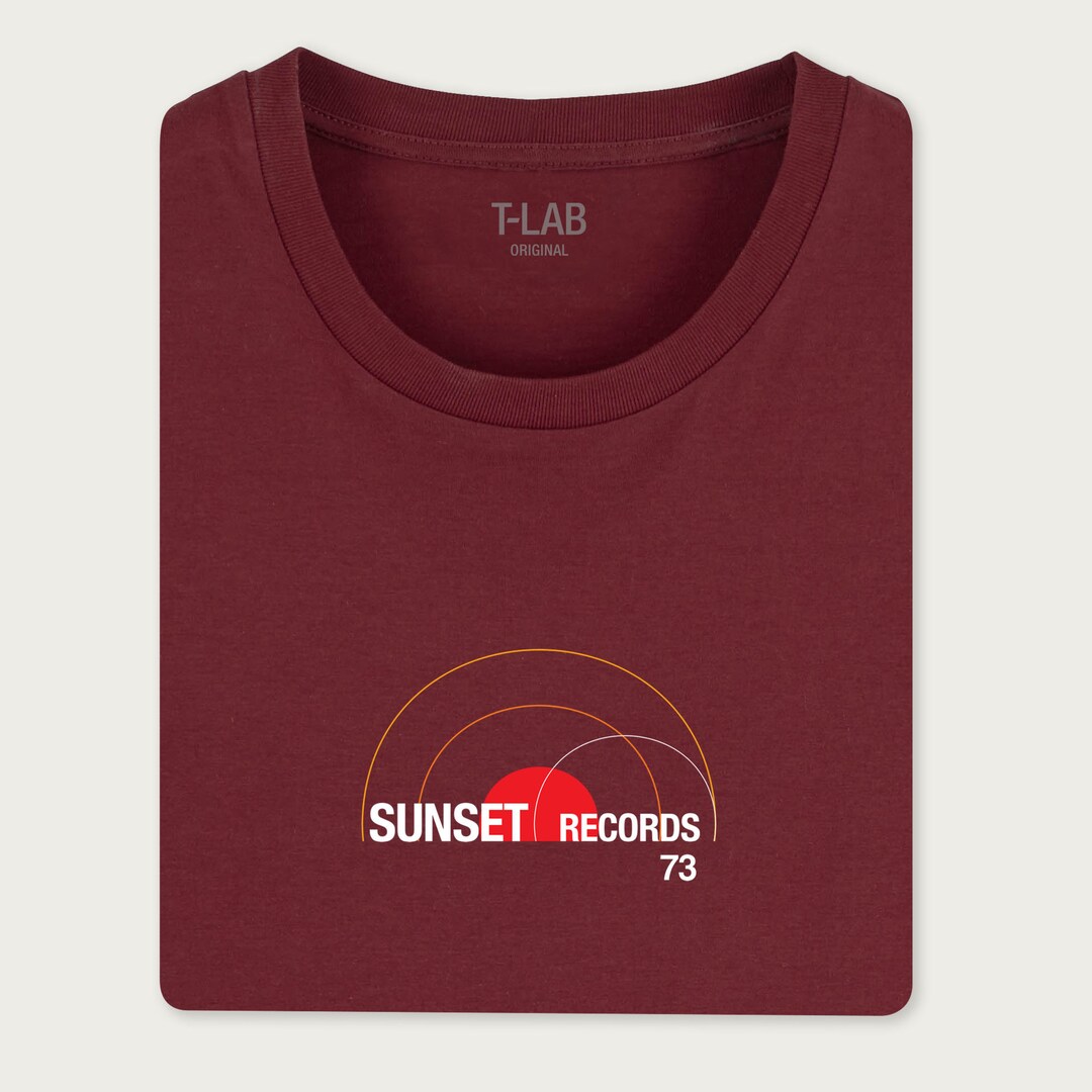 Sunset Record Label T-shirt: Burgundy Organic Cotton, 70s Retro Style ...
