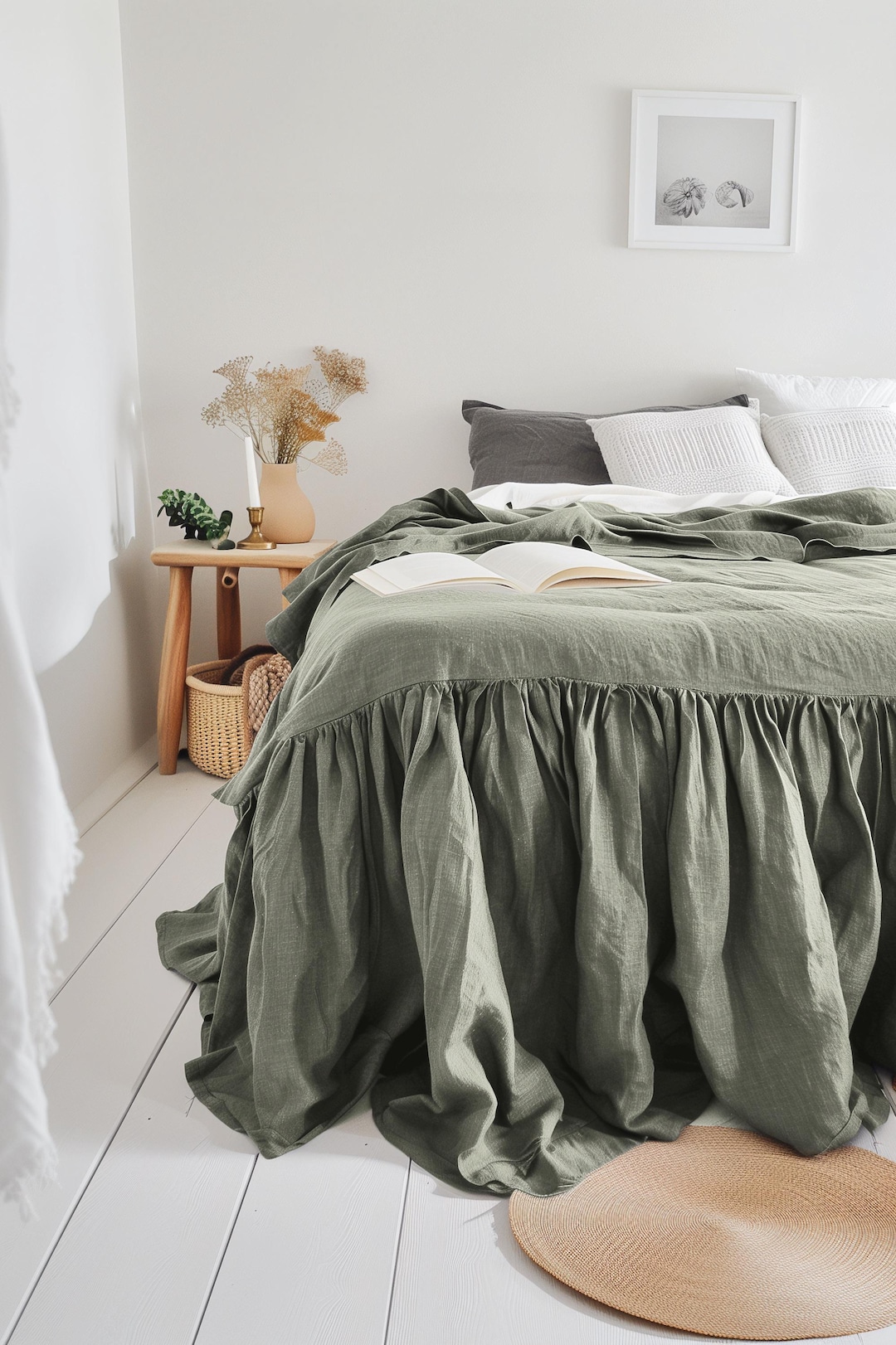 Linen Ruffle Bedspread, Linen Ruffle Bed Skirt, Linen Bedskirt, Flat ...