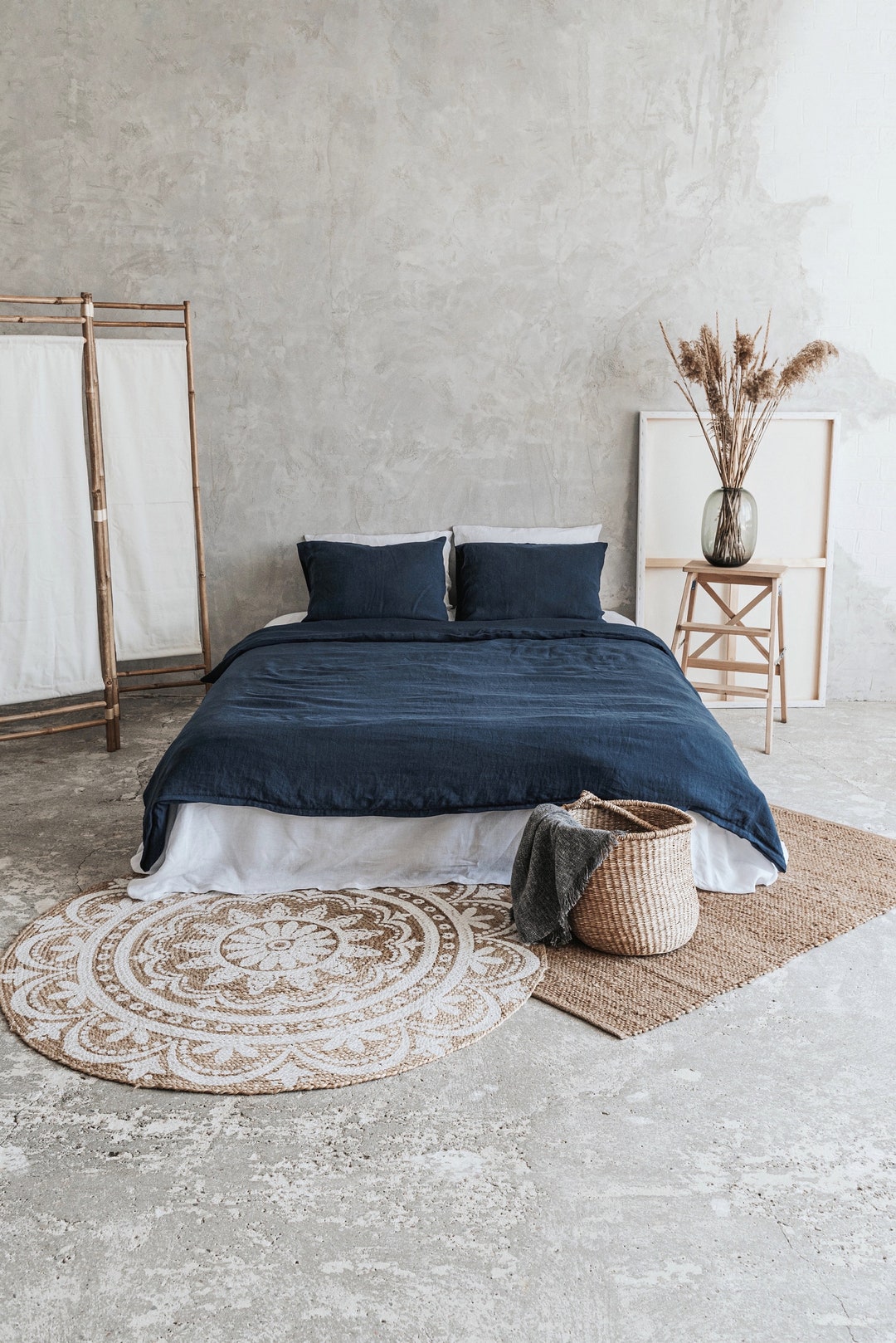Linen Bedding Set of 3, Duvet Cover and Pillowcases Set, Dark Blue ...