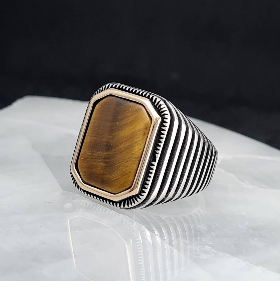 Tiger Eye Men's Ring,handmade 925K Sterling Silver Mens Ring With Tiger ...