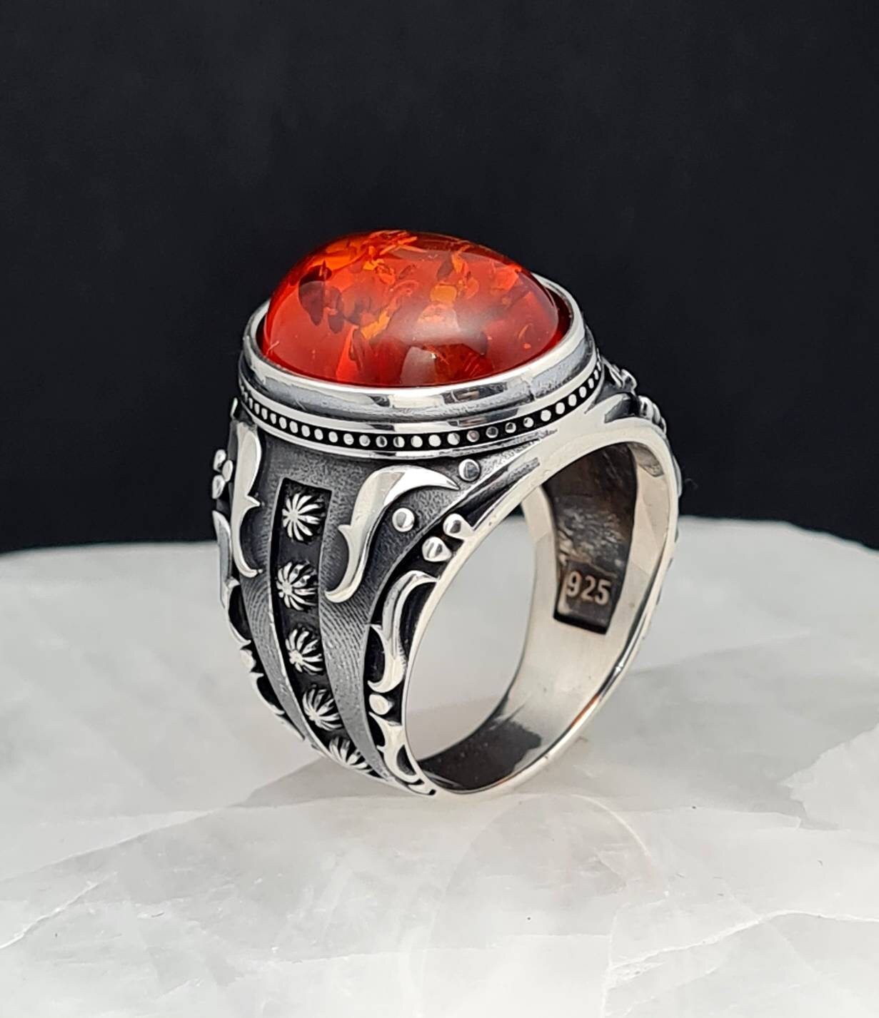Amber Men's RingHandmade 925K Sterling Silver Men's | Etsy