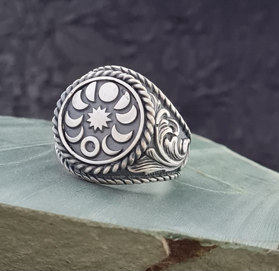 Silver the Phases of the Moon Symbol Band Ring,handmade 925k Sterling ...
