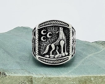 Signet Men Wolf Ring, Silver Wolf Head Ring, Wild Wolf Men Rings, Wolf ...