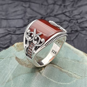Red Agate Mens Ring,signet Men's Ring 925 Sterling Silver,agate Mens ...