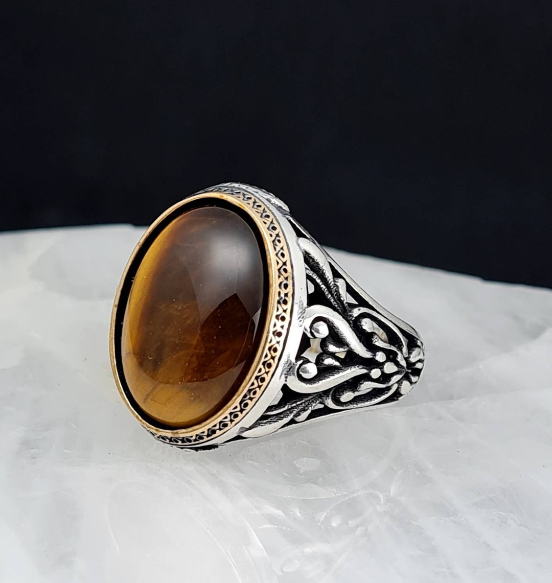 Tiger Eye Men's Ring,handmade 925K Sterling Silver Men's Ring Blue ...