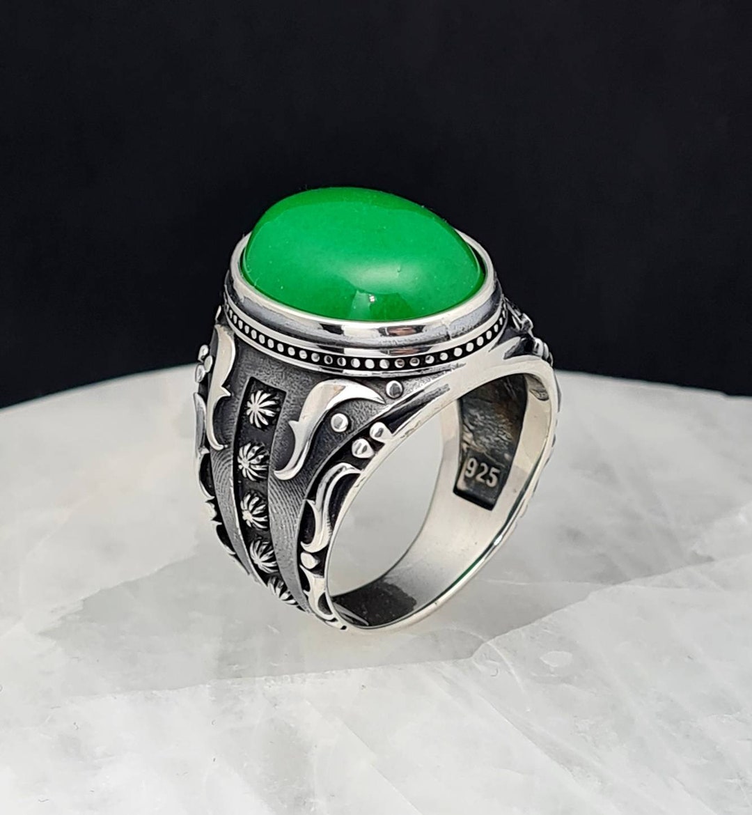 Jade Man Ring, Green Quartized Jade Stone Men's Oxidized Ring,vintage ...