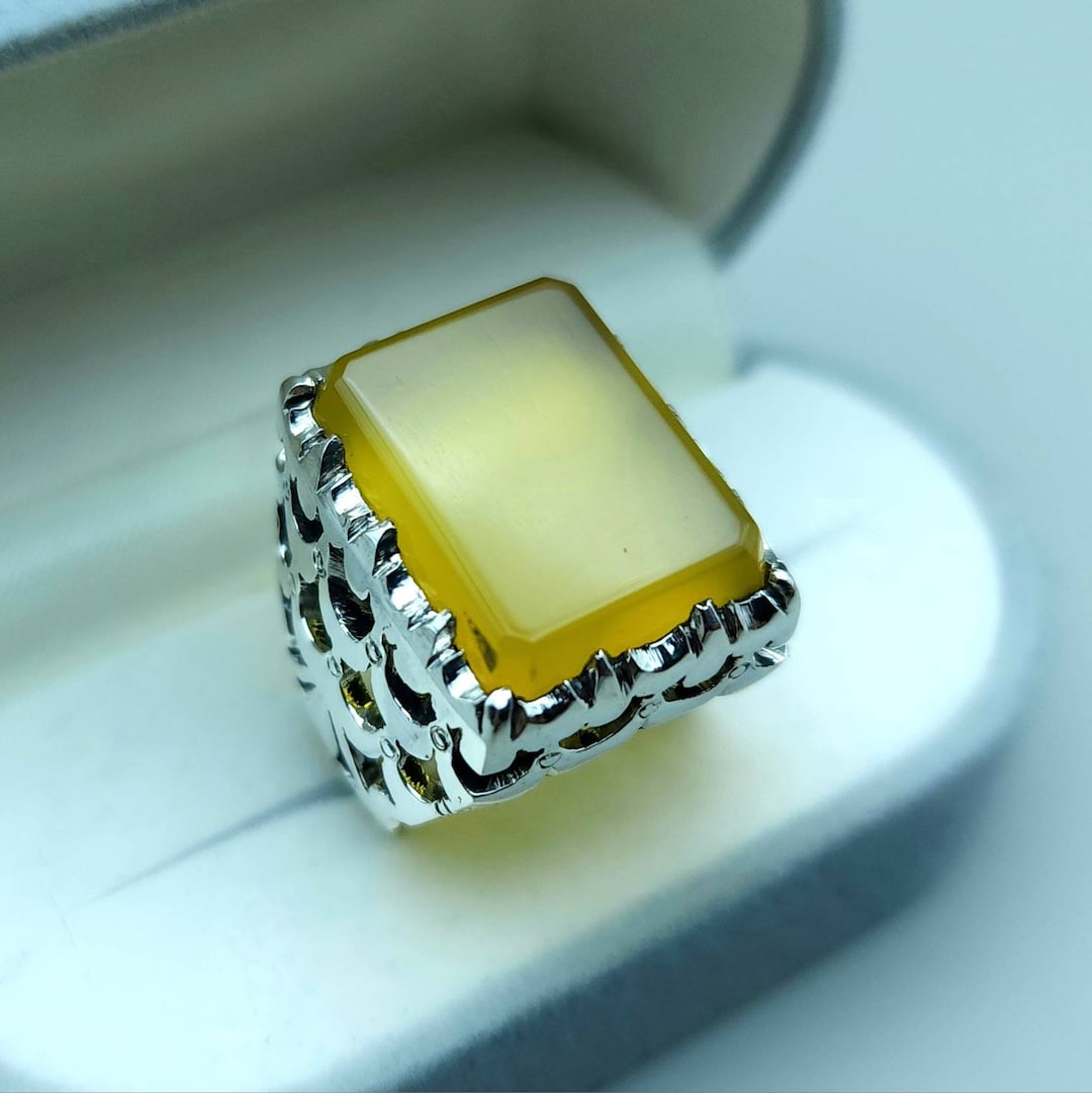 Yellow Yamani Aqeeq Ring Yemeni Agate Stone, Yellow Aqeeq Mens Ring ...