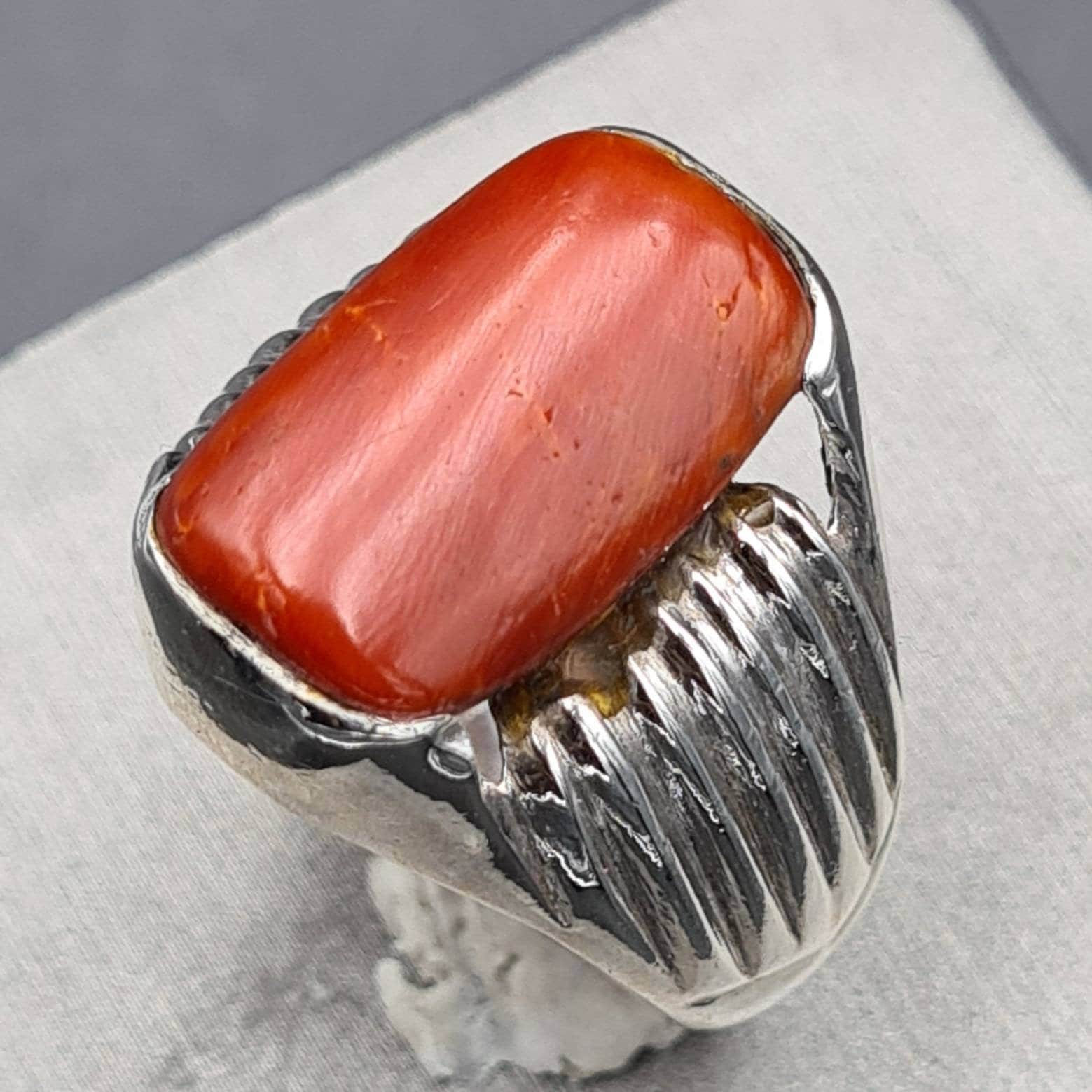 Natural Dark Deep Red Coral Marjan Ring Mens Coral Rings | Etsy