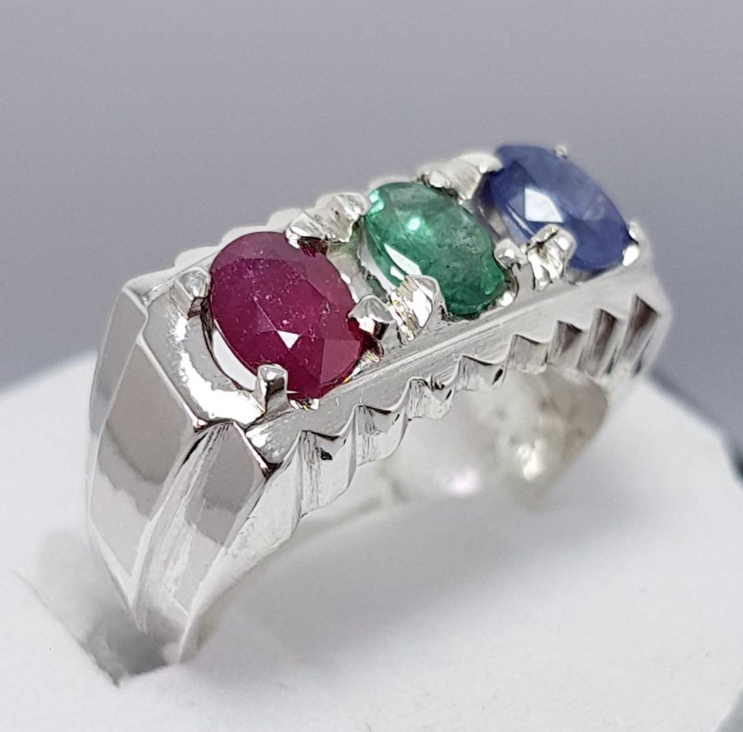 RUBY, EMERALD, SAPPHIRE Mens Wedding Band Boys Multi Stone Bands ...