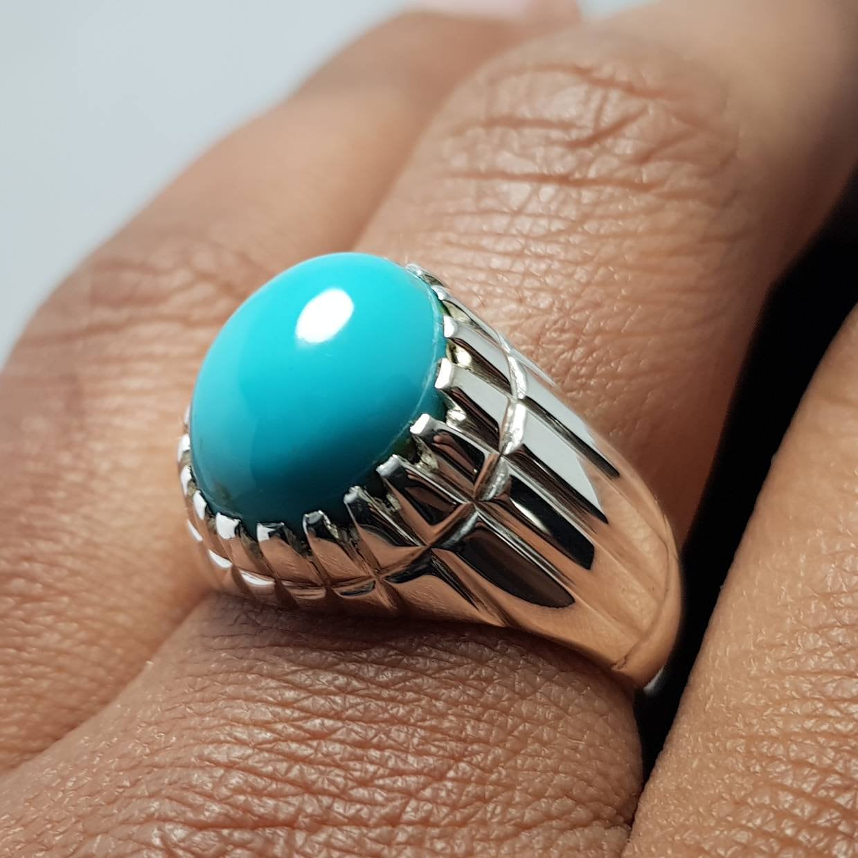 Dark Blue Feroza Rings for Men Real Sterling Silver 925 Turquoise Stone ...