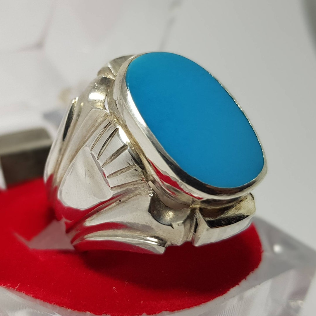 Real Old Preserved Natural Nishapuri Turquoise Ring Feroza Ring Real Feroza Ring Flat Blue Mens ...
