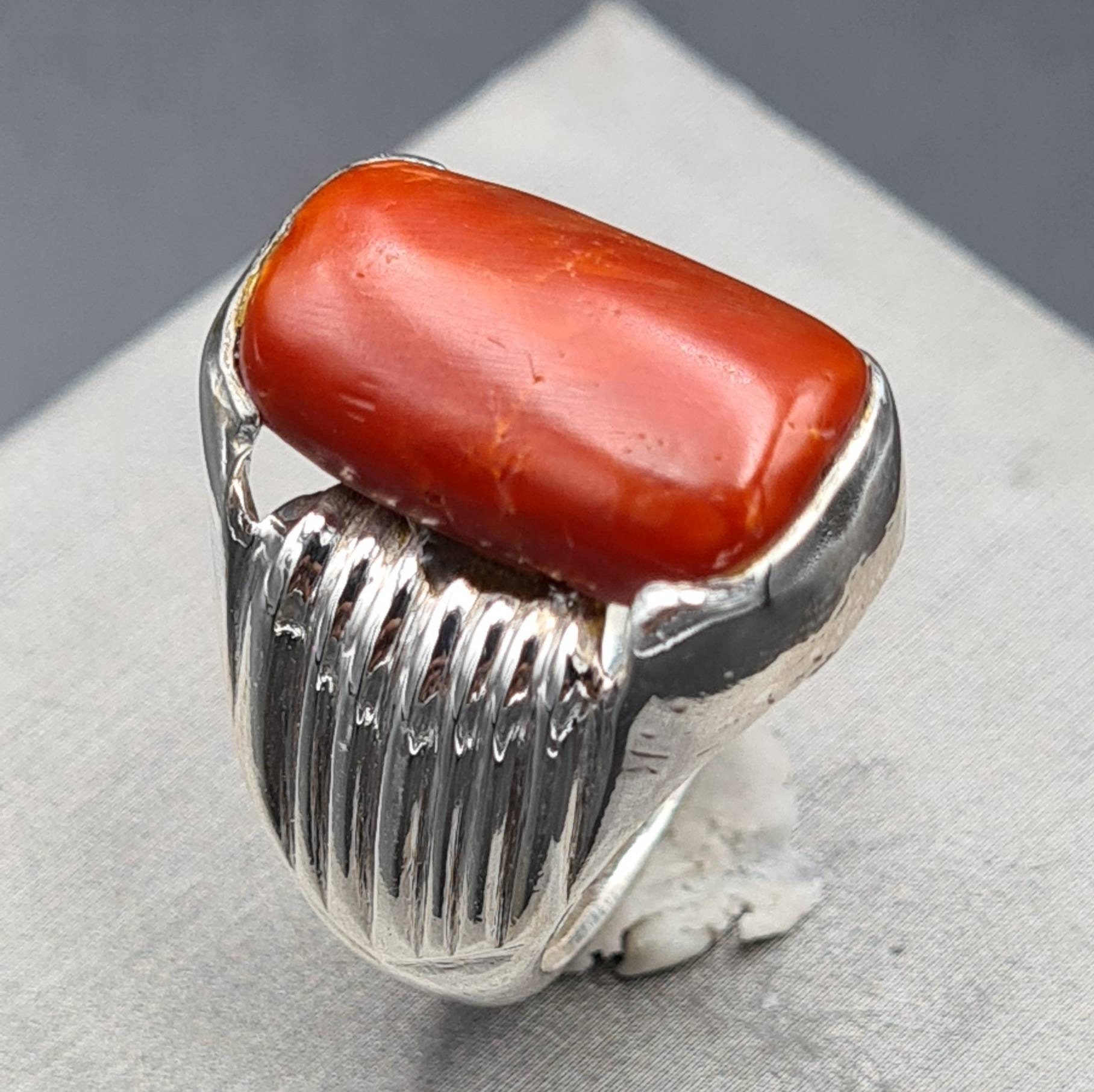 Natural Dark Deep Red Coral Marjan Ring Mens Coral Rings | Etsy