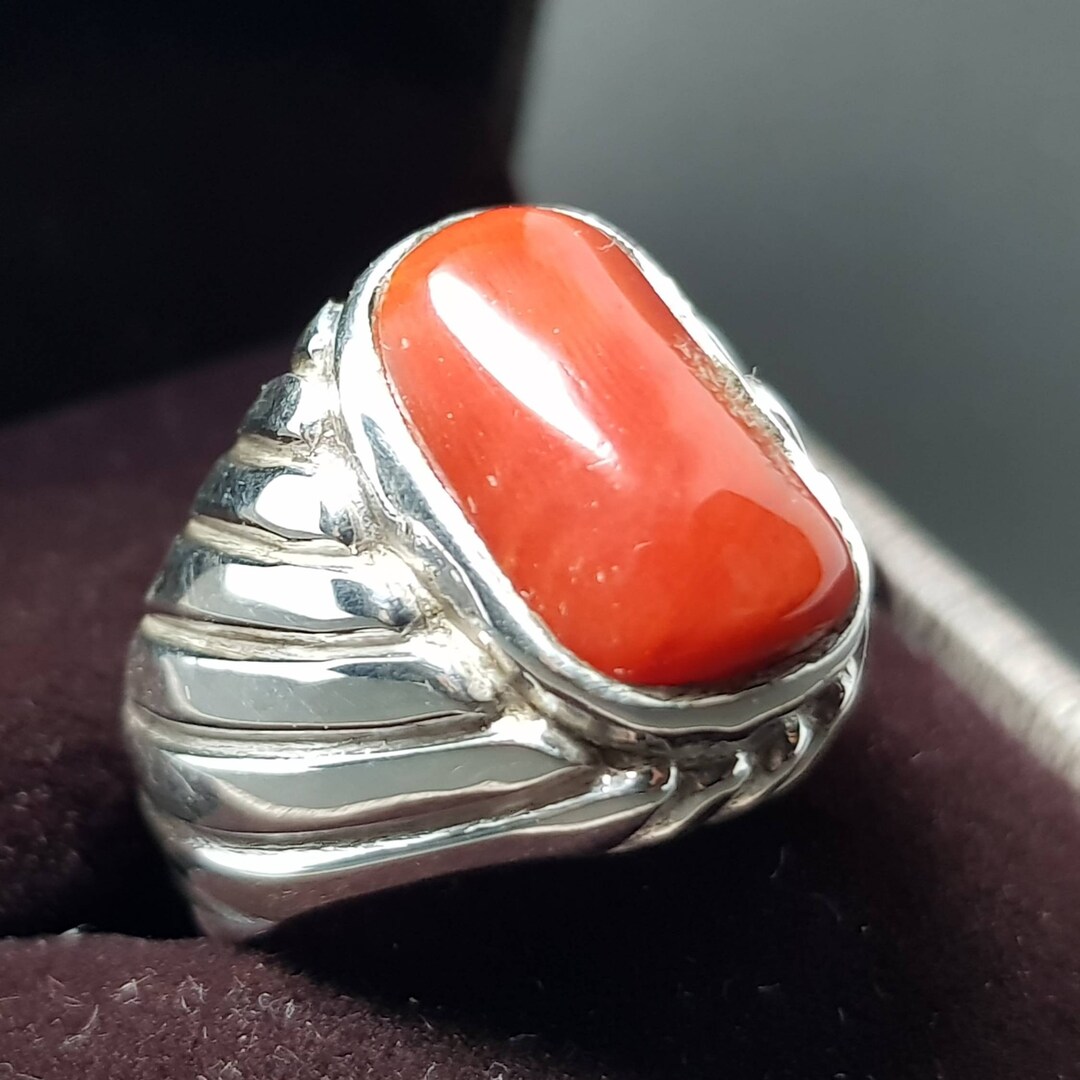 Untreated Real Coral Ring - Mens Coral Ring Marjan Rings Top Reddish ...