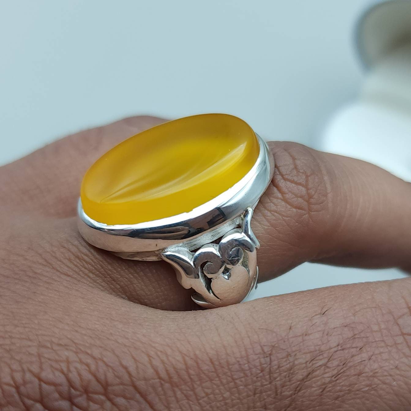 Yellow Yamani Aqeeq Ring Yemeni Agate Stone, Yellow Aqeeq Mens Ring ...