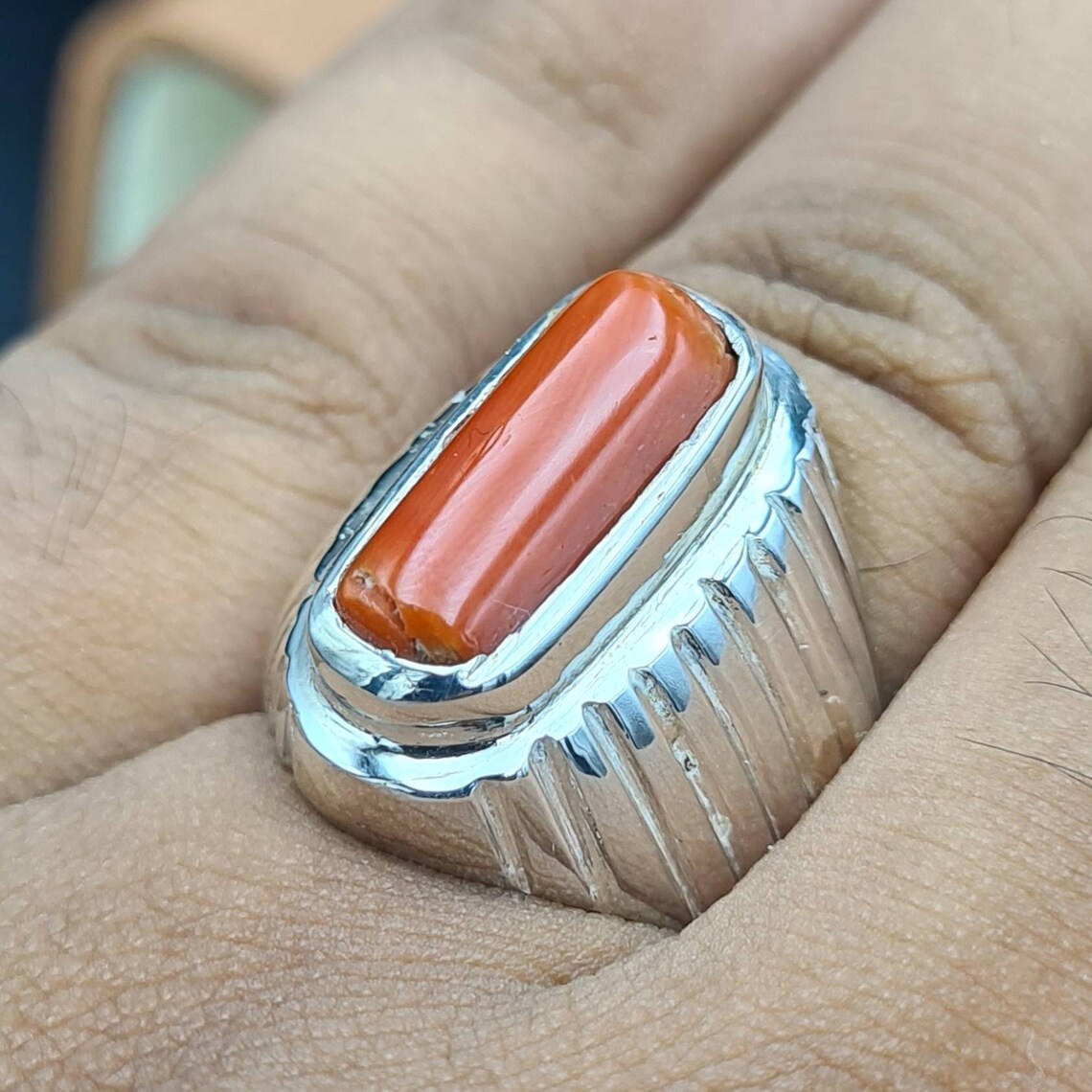 Untreated Real Coral Ring - Mens Coral Ring Marjan Rings Top Reddish ...