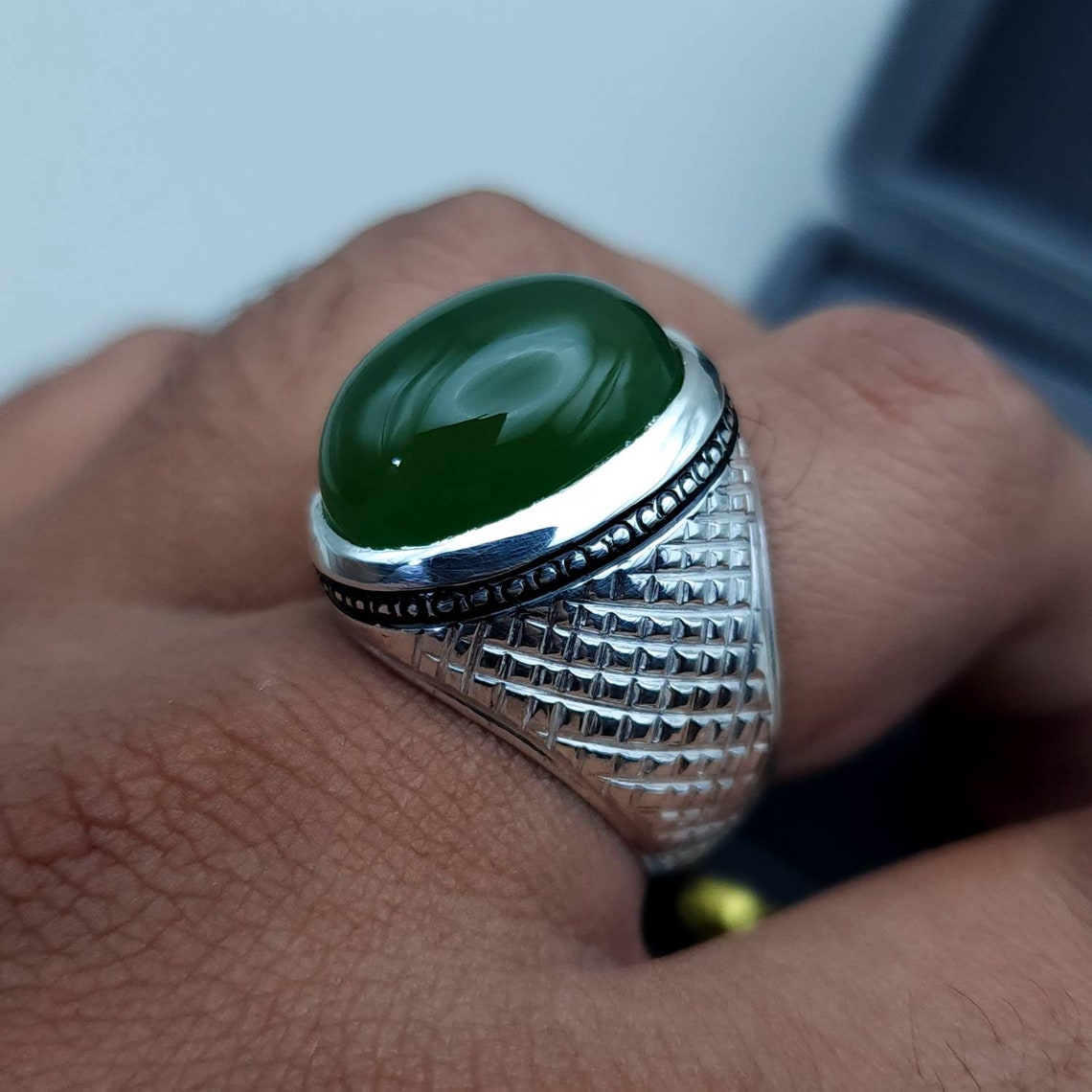 Yemeni Aqeeq Ring Green Aqeeq Aqeeq Ring Silver Dark Green Yemeni Aqeeq ...