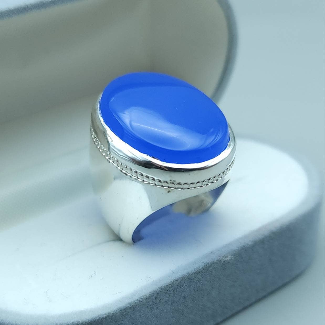 Yemeni Aqeeq Ring Blue Aqeeq Blue Agate Rings Silver Dark Blue Aqeeq ...