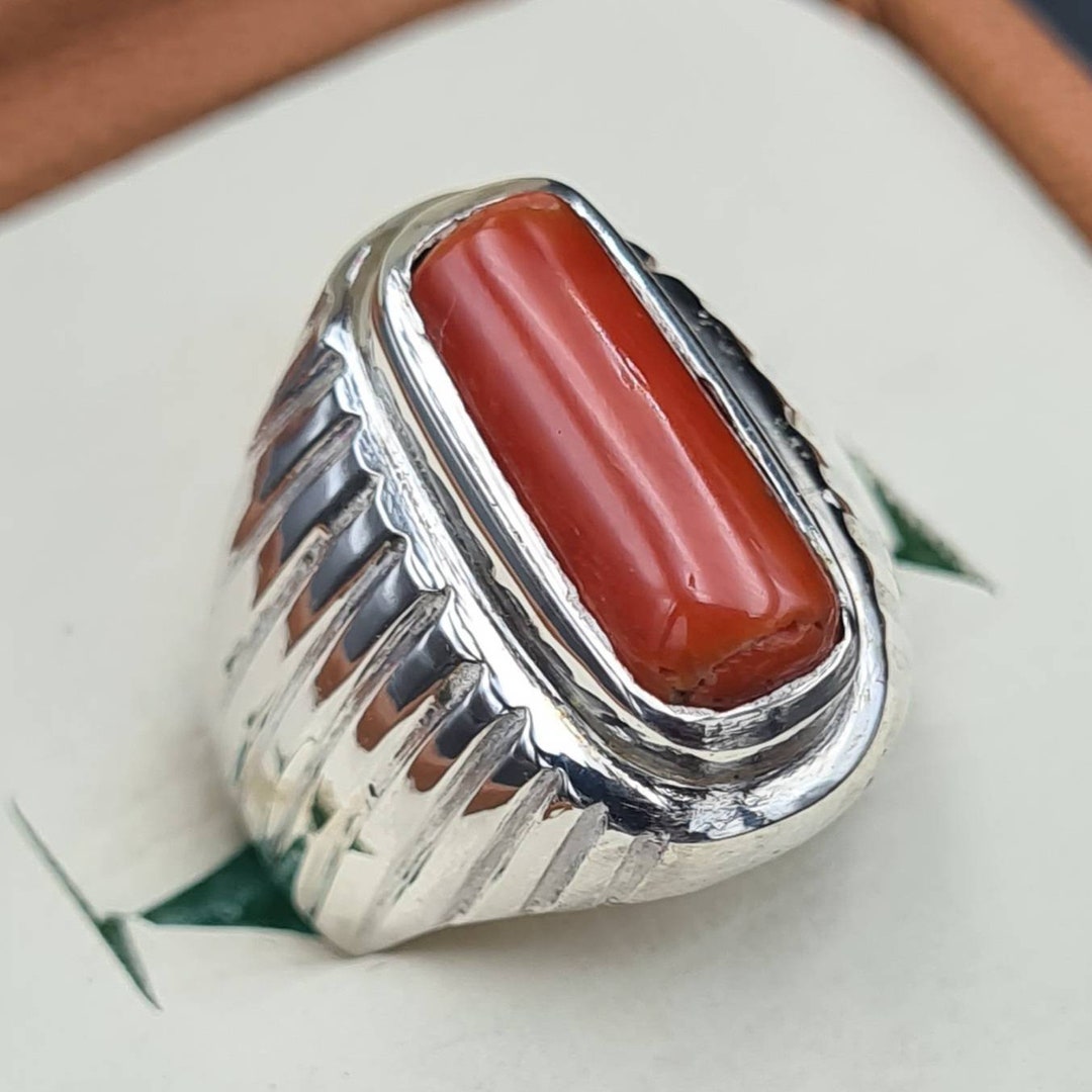 Untreated Real Coral Ring - Mens Coral Ring Marjan Rings Top Reddish ...