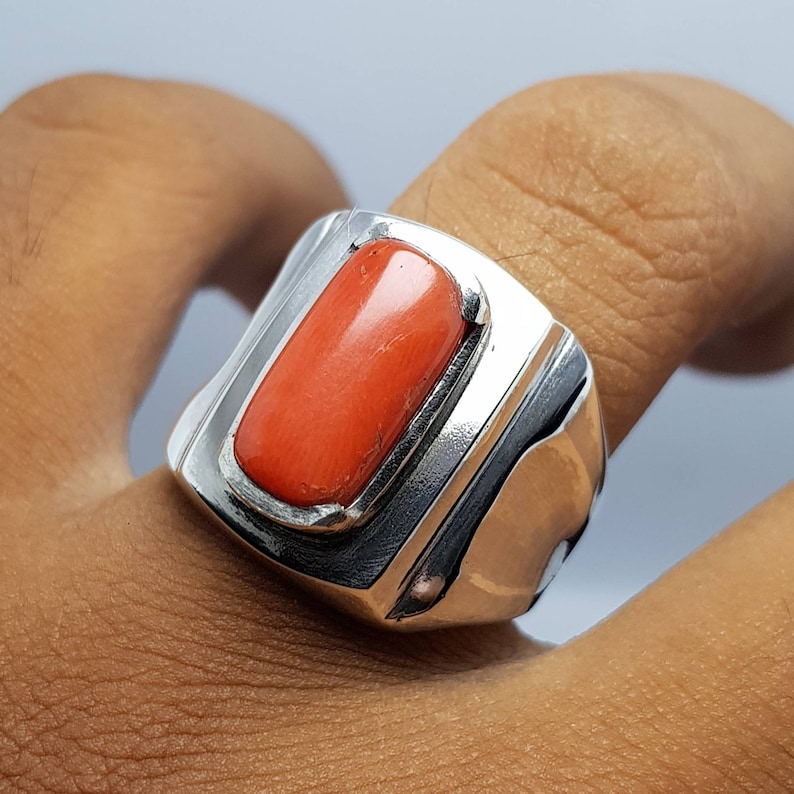 Natural Dark Deep Red Coral Marjan Ring Mens Coral Rings - Etsy