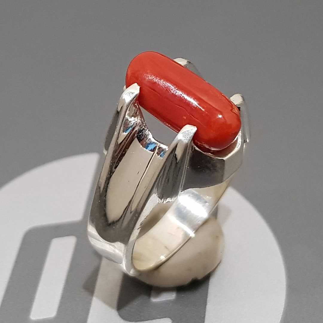 Natural Dark Deep Red Coral Marjan Ring Mens Coral Rings Women Coral ...