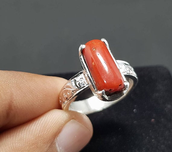 Natural Dark Deep Red Coral Marjan Ring Engraved Women Coral | Etsy