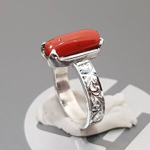 Natural Dark Deep Red Coral Marjan Ring Engraved Women Coral Rings ...