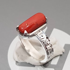 Natural Dark Deep Red Coral Marjan Ring Engraved Women Coral Rings ...
