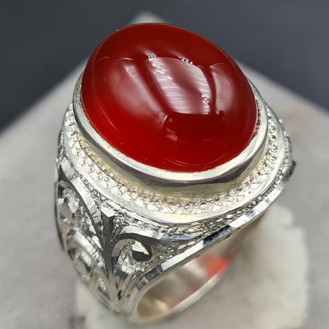 NATURAL Red Yemeni Agate Stone Ring Hand Engraving Ring Fully Artisan ...