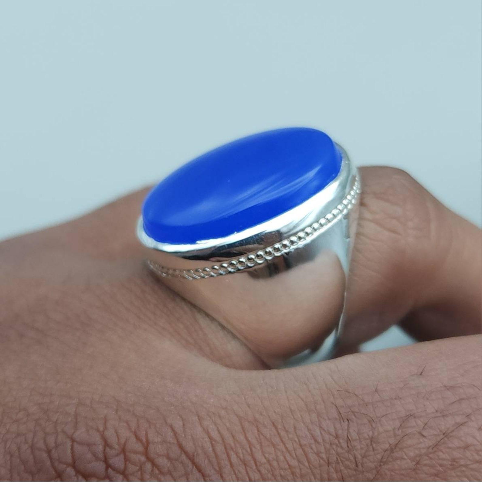 Yemeni Aqeeq Ring Blue Aqeeq Blue Agate Rings Silver Dark Blue Aqeeq ...