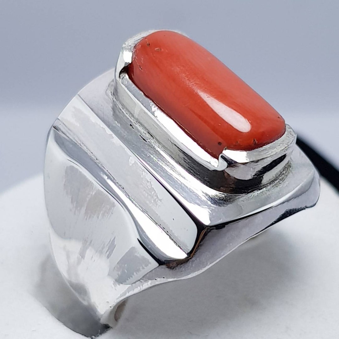 Natural Dark Deep Red Coral Marjan Ring Mens Coral Rings Beautiful ...