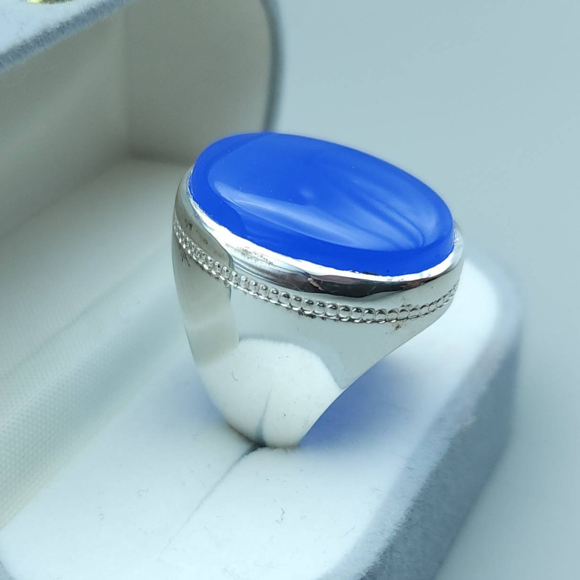 Yemeni Aqeeq Ring Blue Aqeeq Blue Agate Rings Silver Dark Blue Aqeeq ...