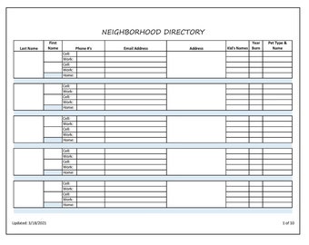 Neighborhood Directory Excel Template - Etsy